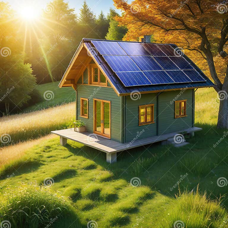 A Small House with a Solar Panel on the Tiny Stock Illustration ...