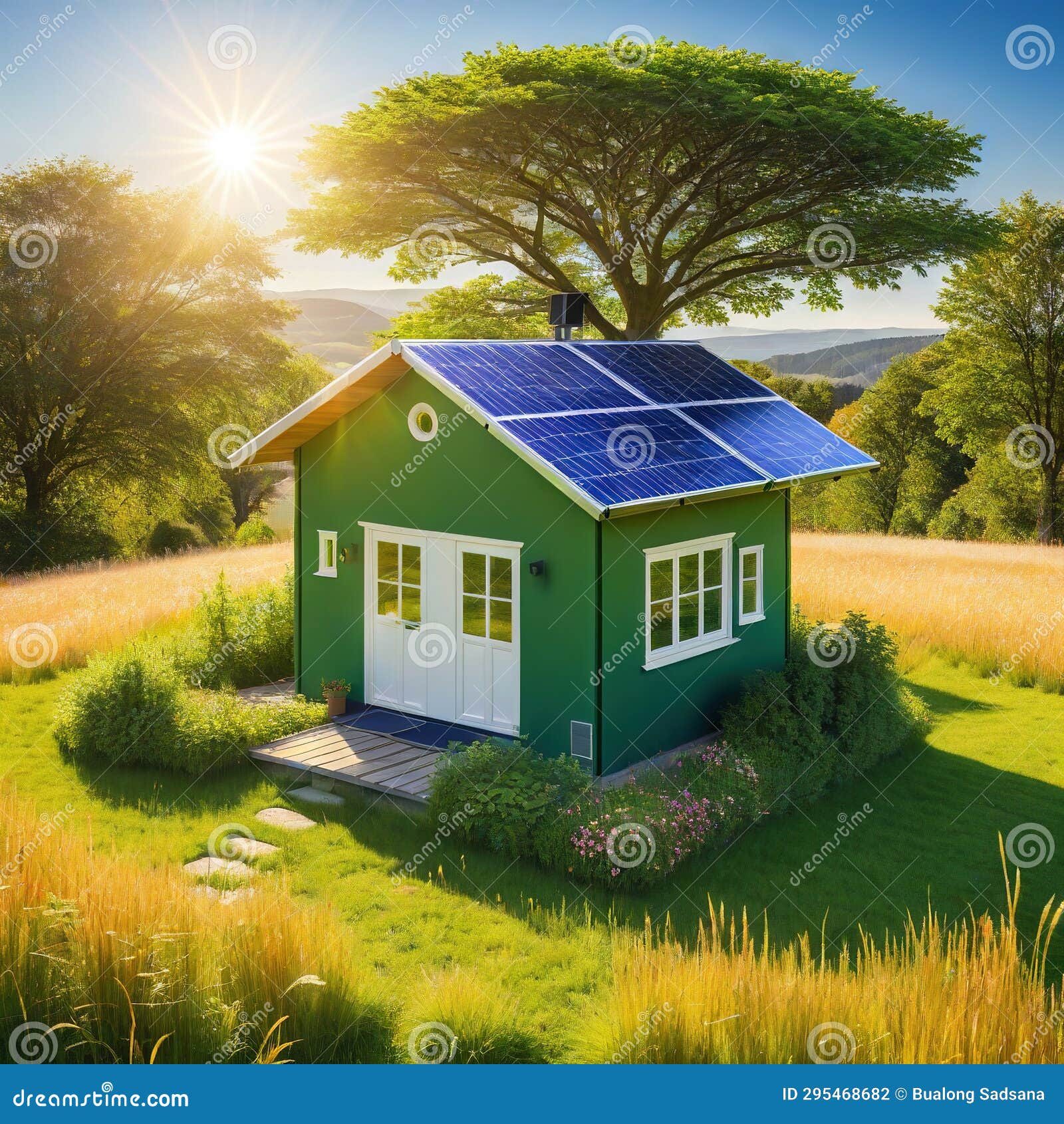 A Small House with a Solar Panel on the Tiny Stock Illustration ...