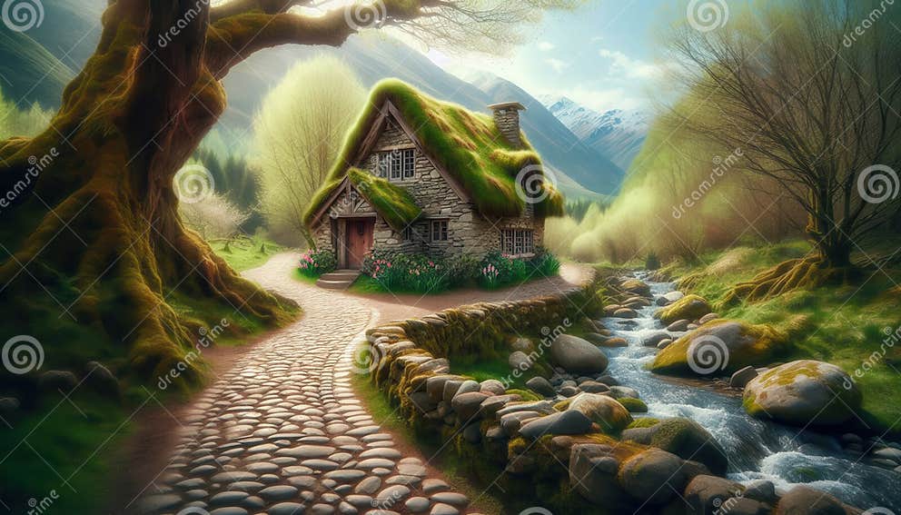 A Small House by the Stream in the Spring Forest Stock Illustration ...