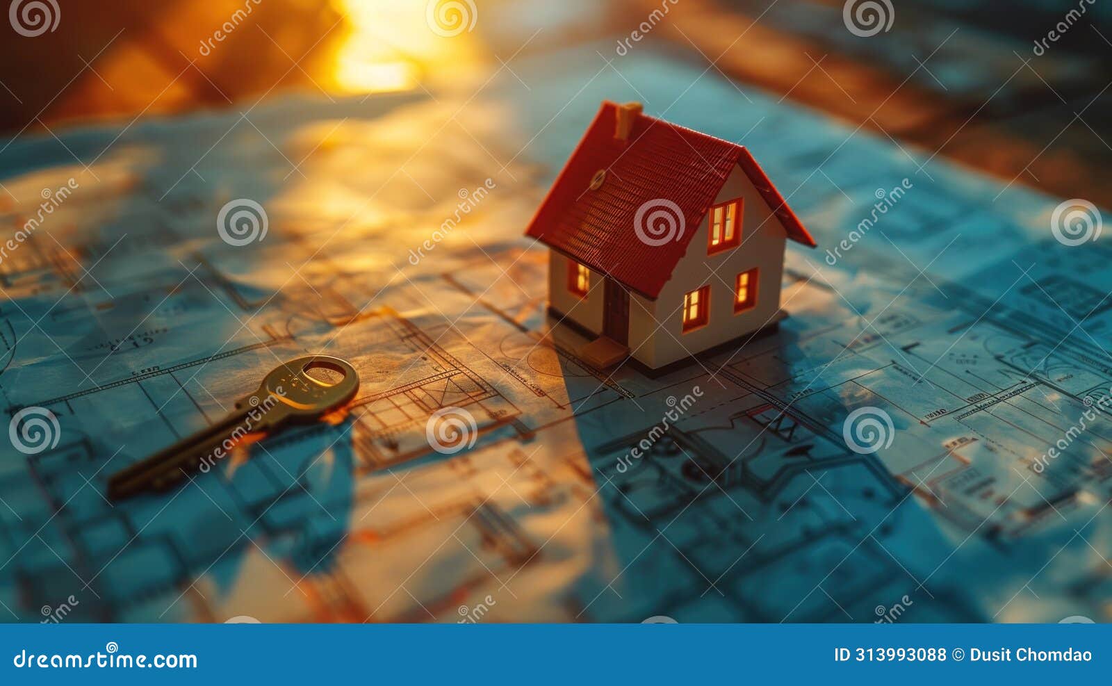 A Small House is on Top of a Blueprint. a Key is Placed on the ...