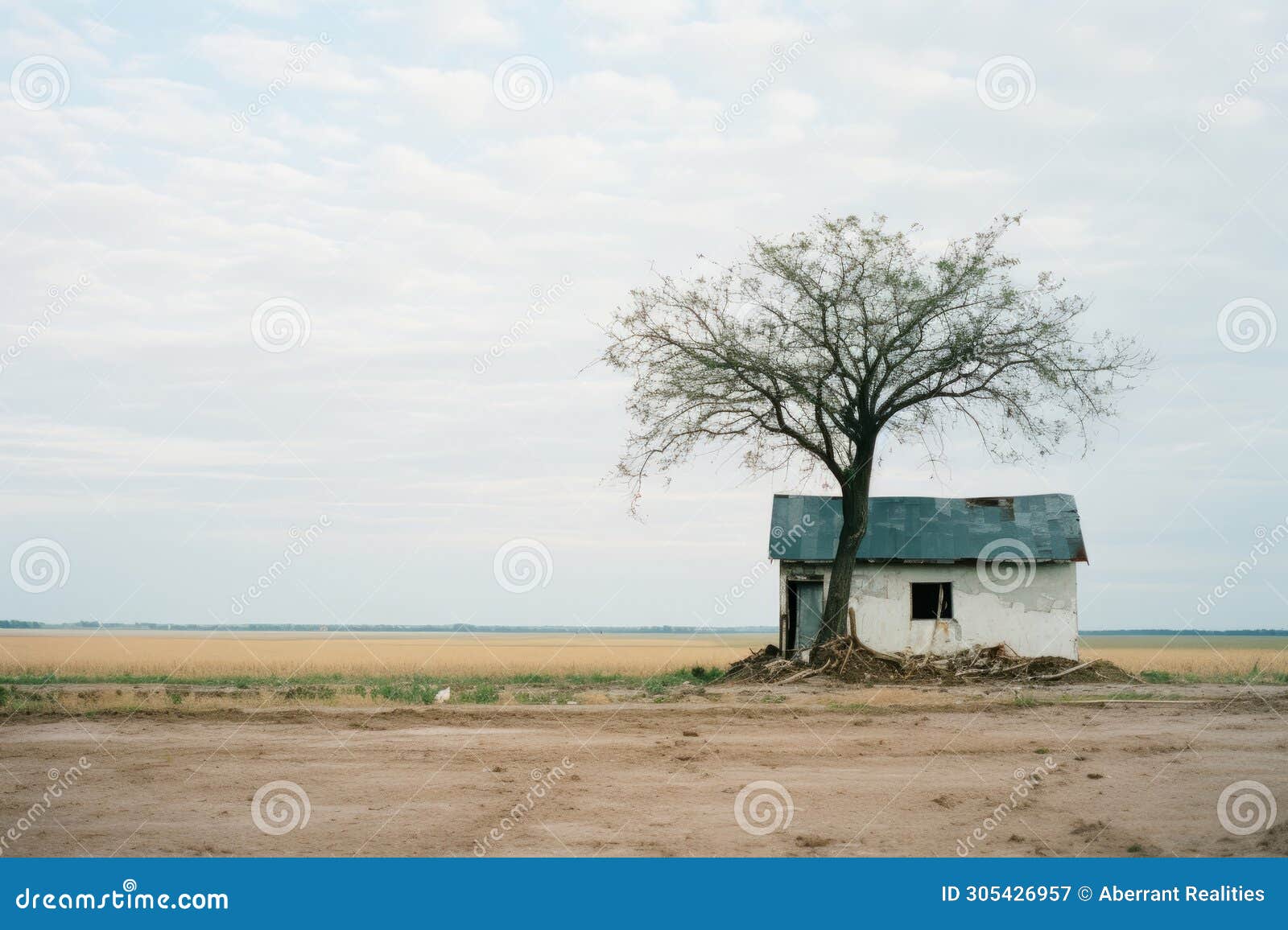A Small House with a Tree in the Middle of a Field Stock Illustration ...