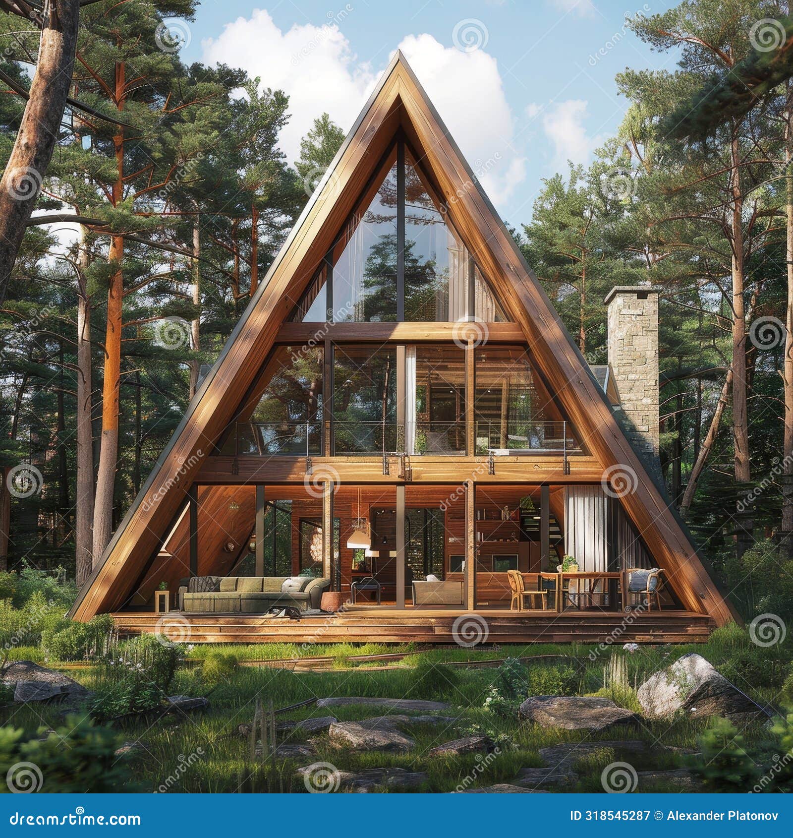 A Small House with a Triangular Roof and Lots of Windows Stock ...