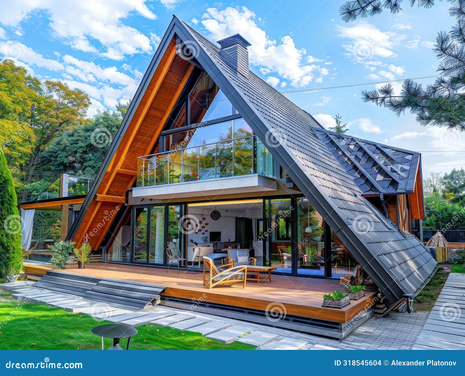 A Small House with a Triangular Roof and Lots of Windows Stock ...