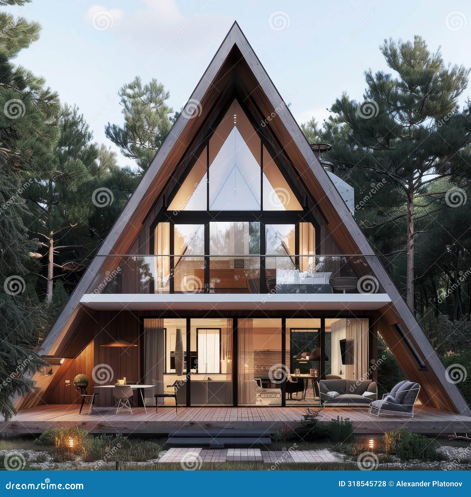 A Small House with a Triangular Roof and Lots of Windows Stock ...