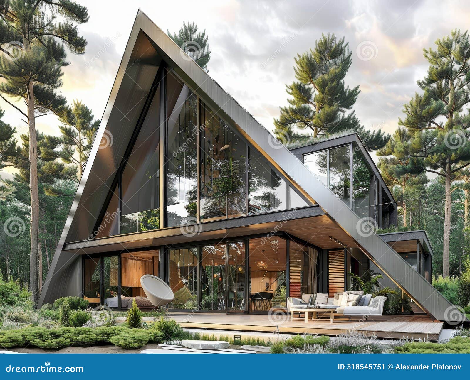 A Small House with a Triangular Roof and Lots of Windows Stock ...