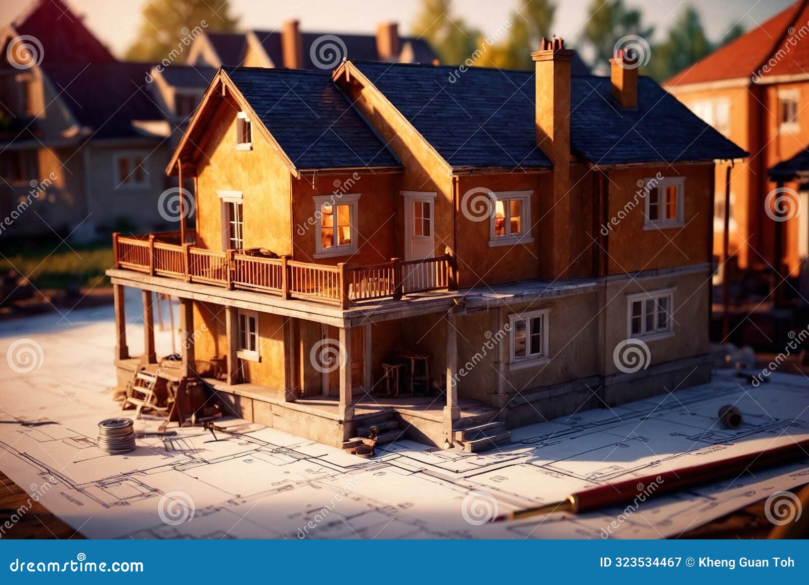 Small House Under Construction on Top of Blueprints Stock Illustration ...