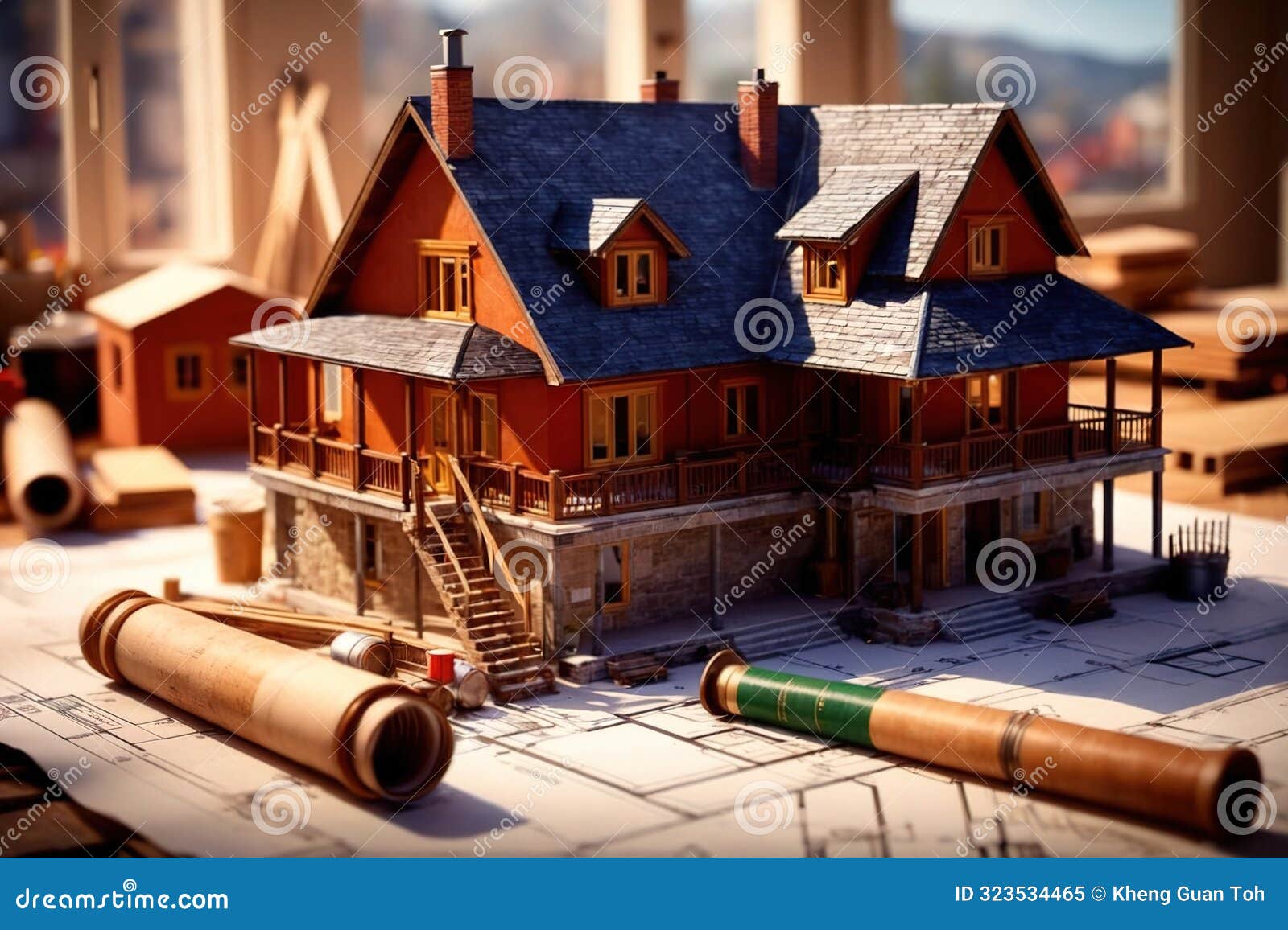 Small House Under Construction on Top of Blueprints Stock Illustration ...
