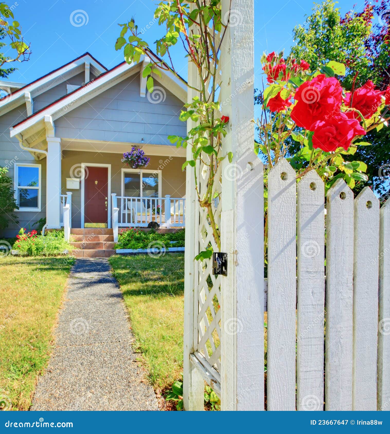 Small House and White Fence with Roses. Stock Image - Image of fence ...