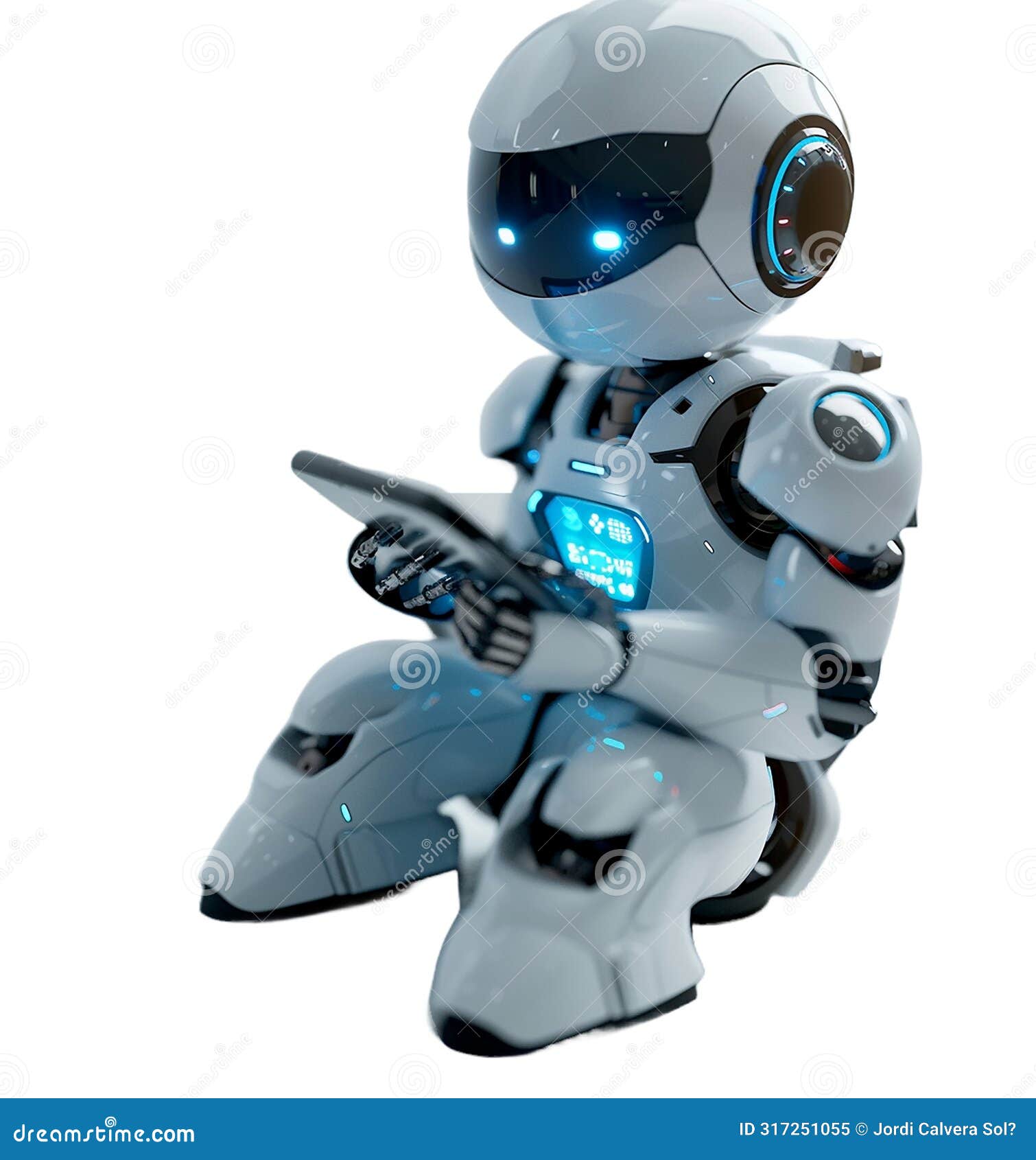 A Small Humanoid Robot Sitting Reading on a Digital Tablet on a ...