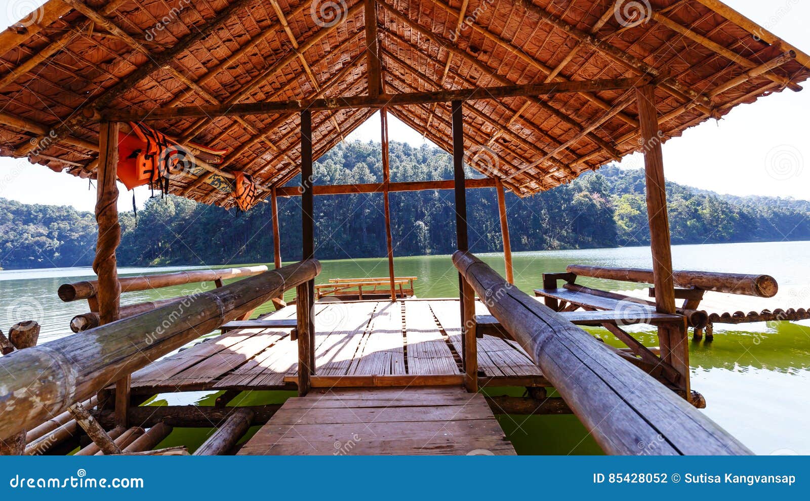 Small Hut on Bamboo Raft in Lake and Camping Site with Pine Tree Stock ...