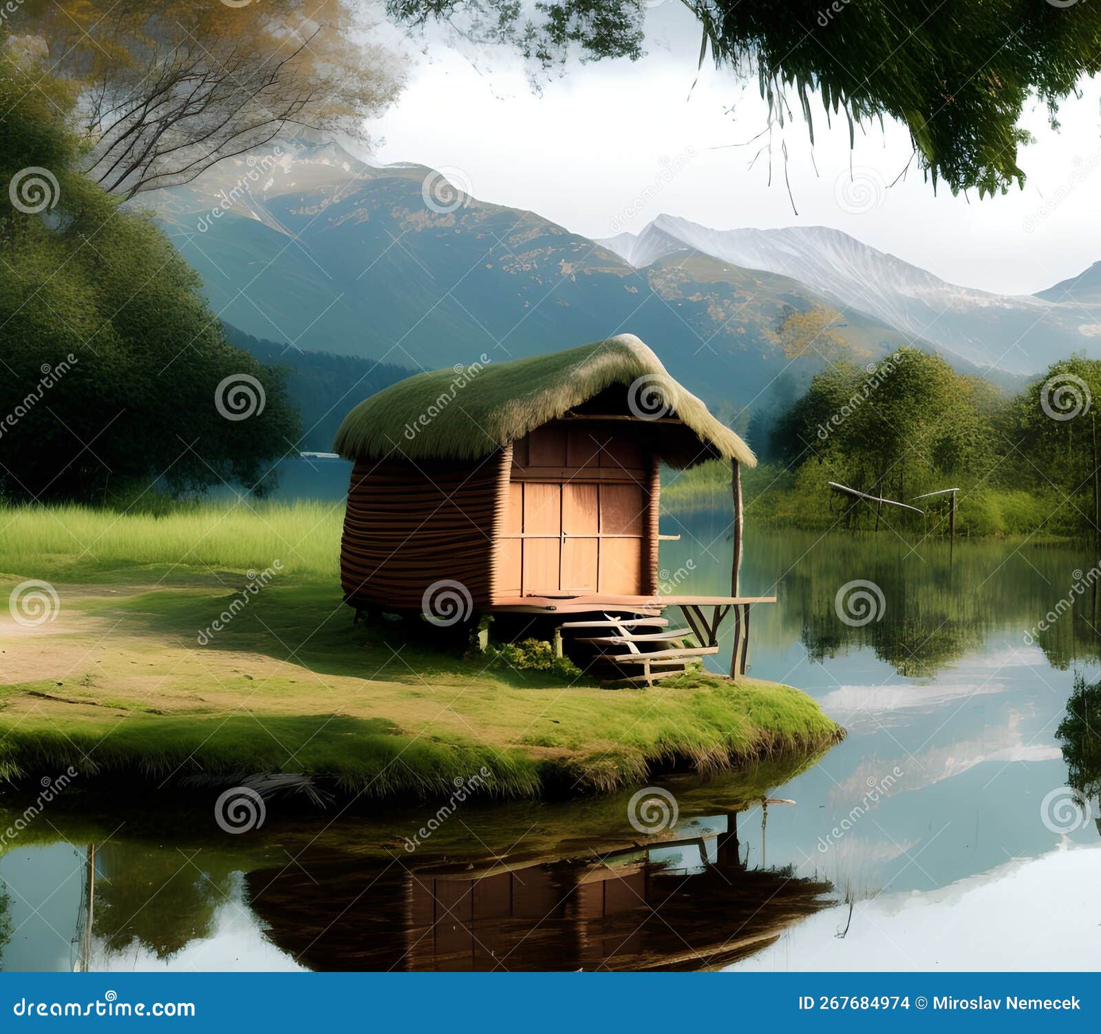 Small Hut on Lakeside, Generative AI Illustration Stock Illustration ...