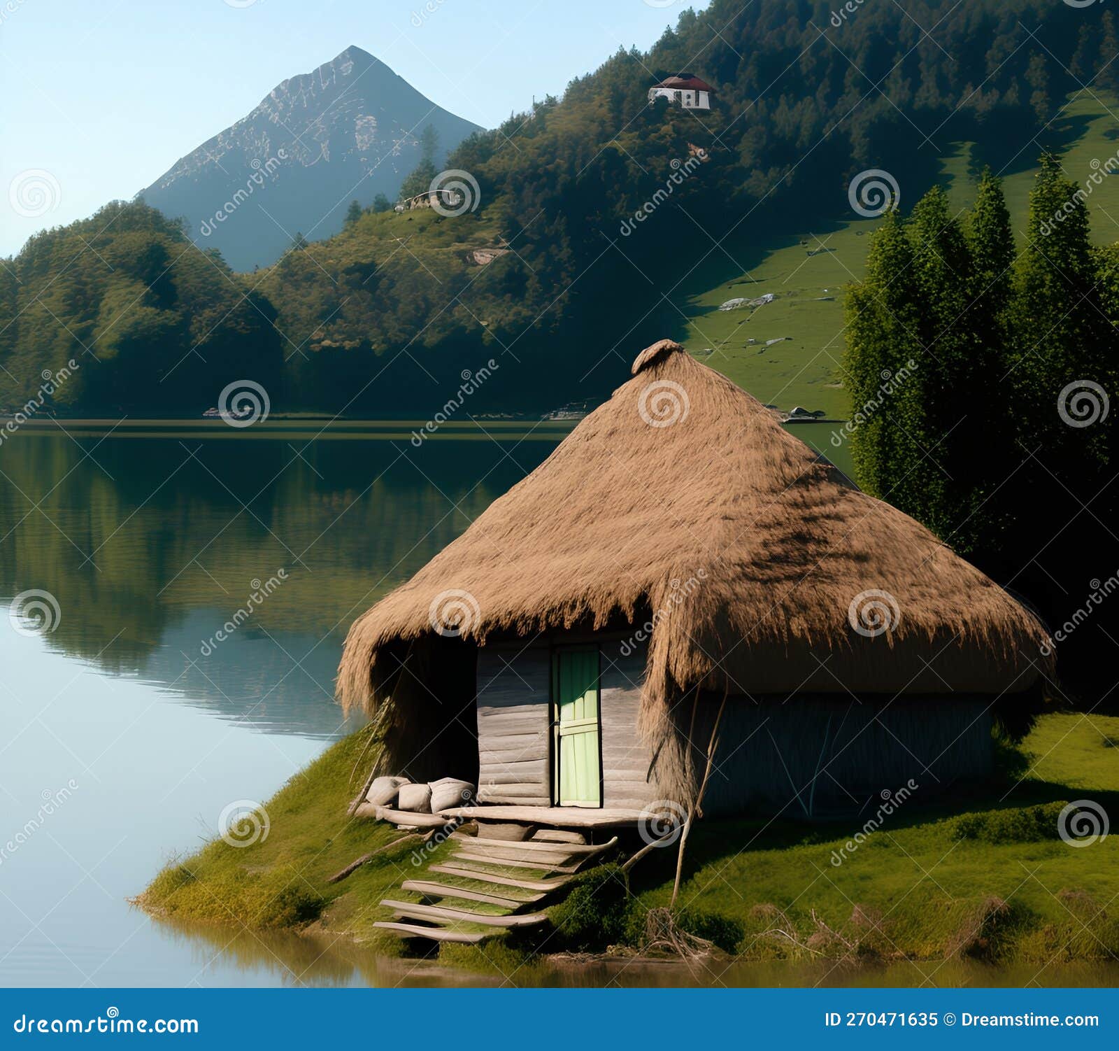 Small Hut on Lakeside, Generative AI Illustration Stock Illustration ...