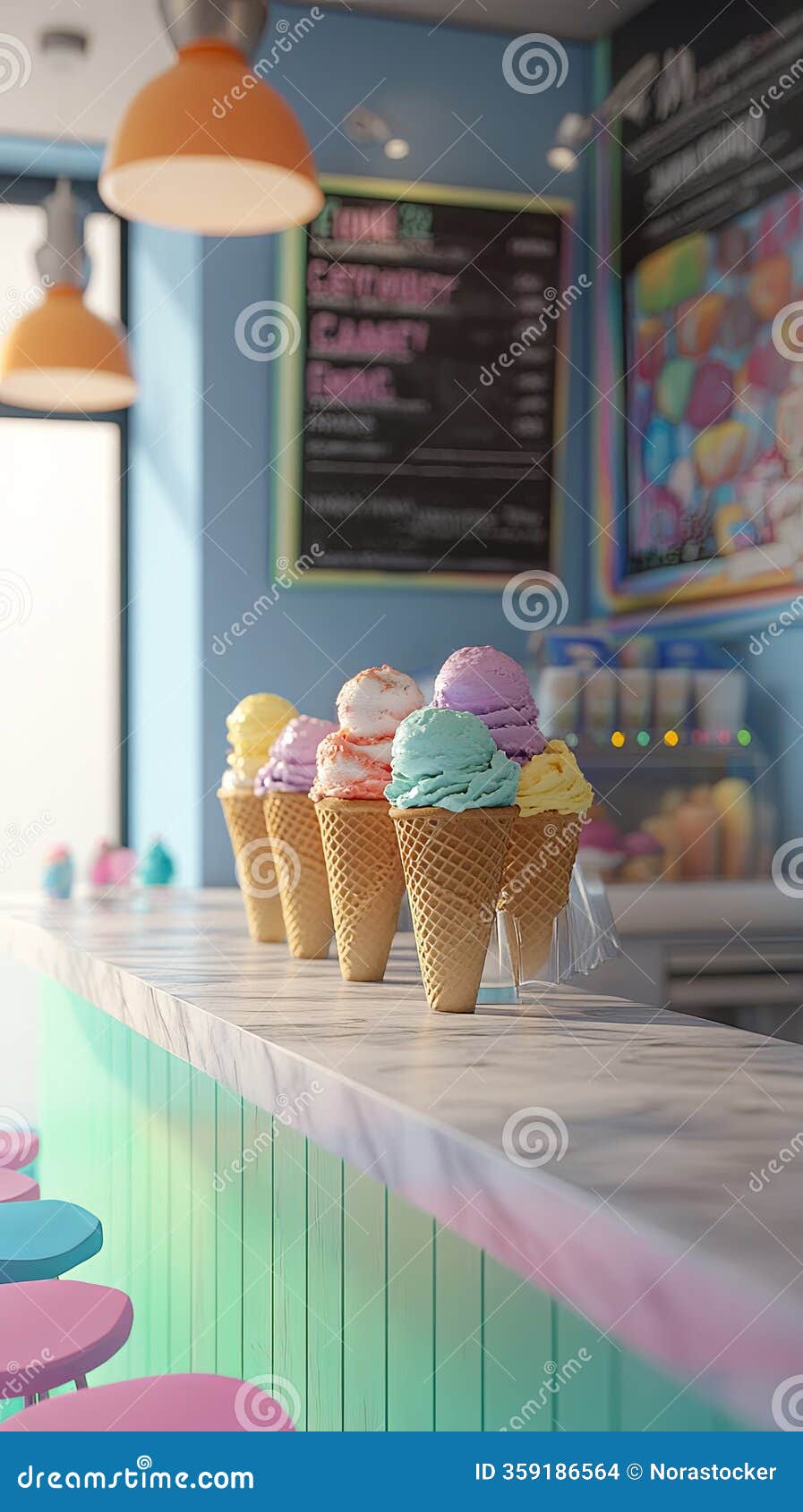 A Small Ice Cream Parlor with Colorful Scoops in Waffle Cones. Pic ...