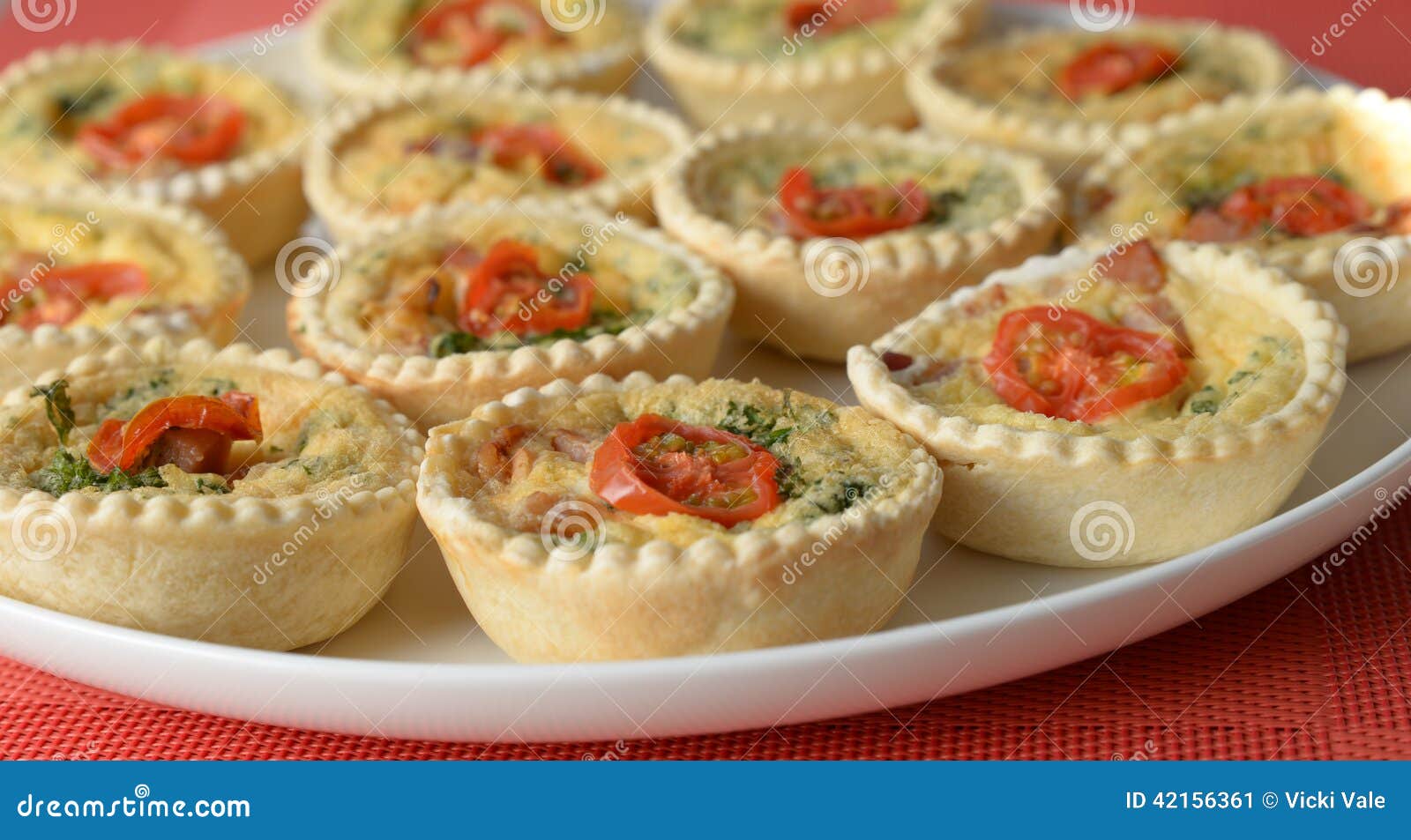 Small Individual Quiche on White Plate. Stock Image - Image of pastry ...