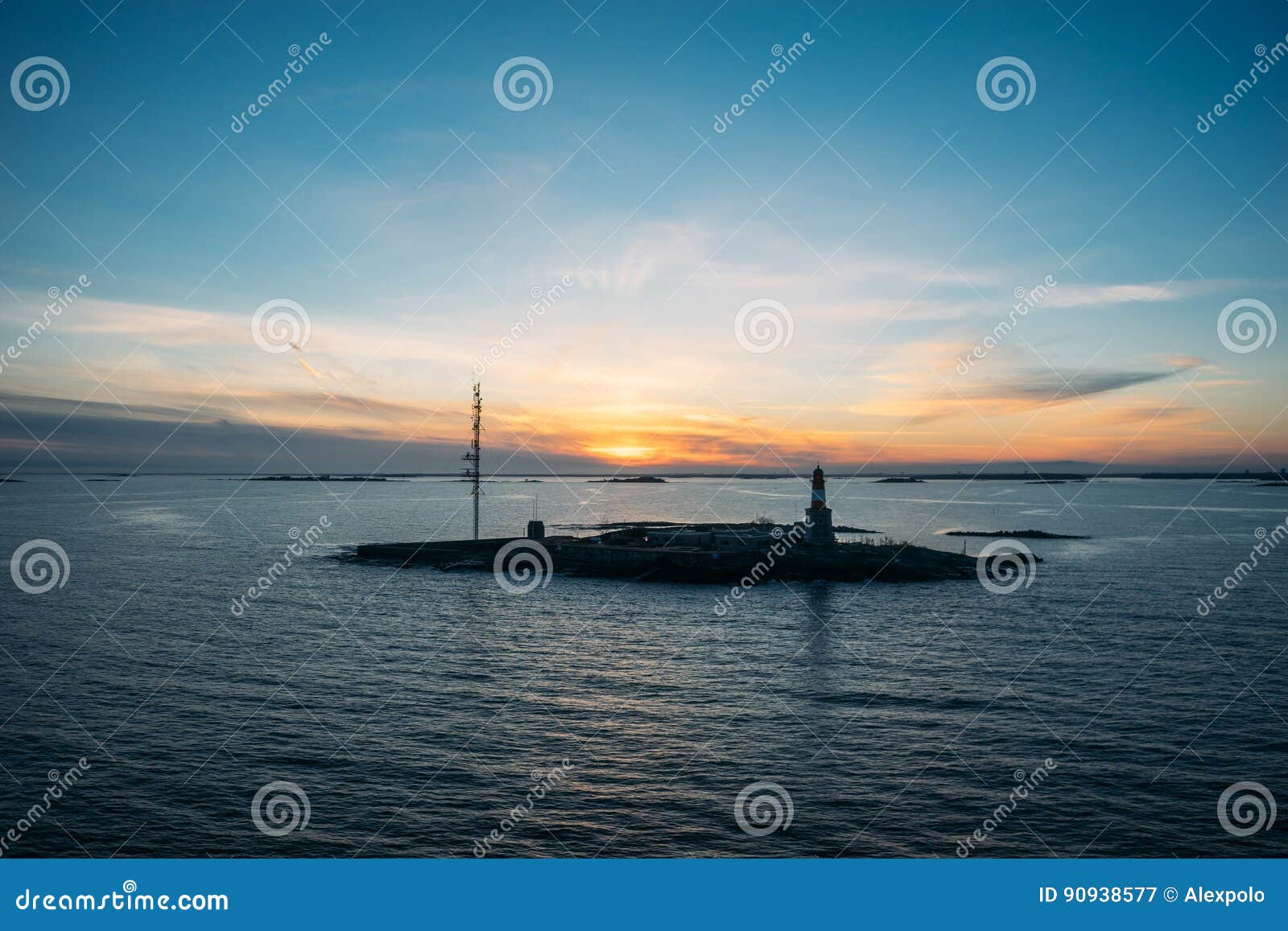 Small Island with Lighthouse and Communication Tower Stock Image ...