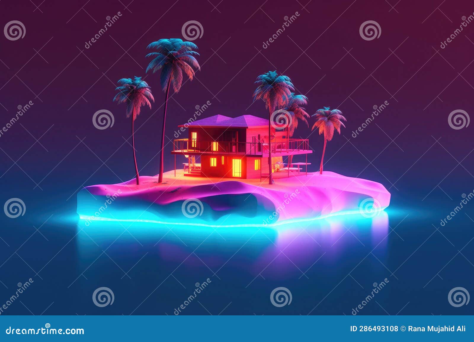 A Small Island with Palm Trees Neon Paradise Generative AI Stock ...