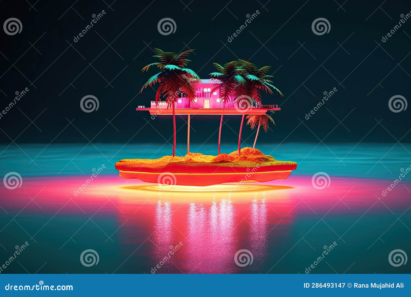 A Small Island with Palm Trees Neon Paradise Generative AI Stock ...