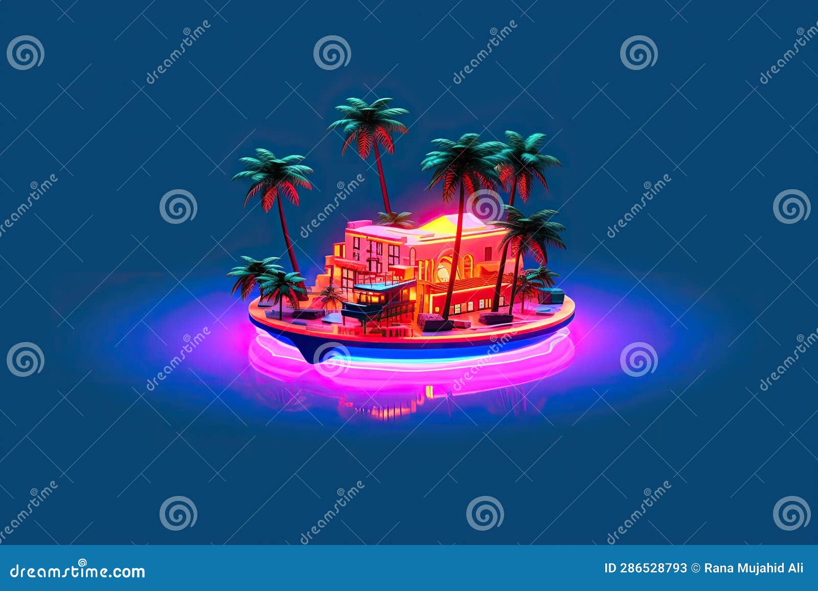 A Small Island with Palm Trees Neon Paradise Generative AI Stock ...