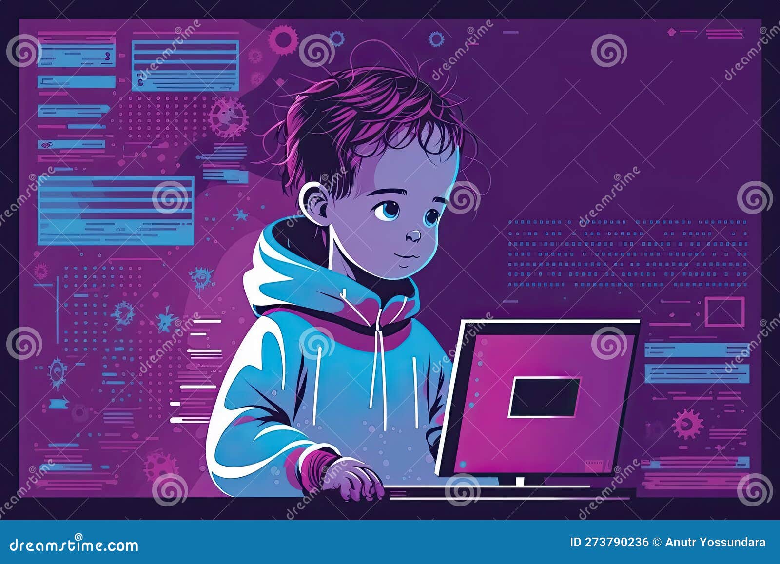 Small Kid Hacker Programmer on a Computer for, Children Coding Class Banner, Poster Stock ...