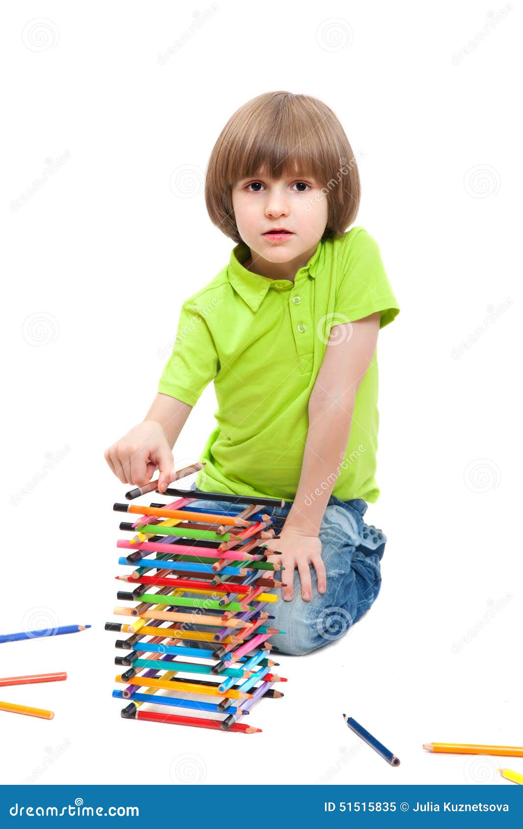 The Small Kid Has Built a Tower of Pencils Stock Image - Image of ...