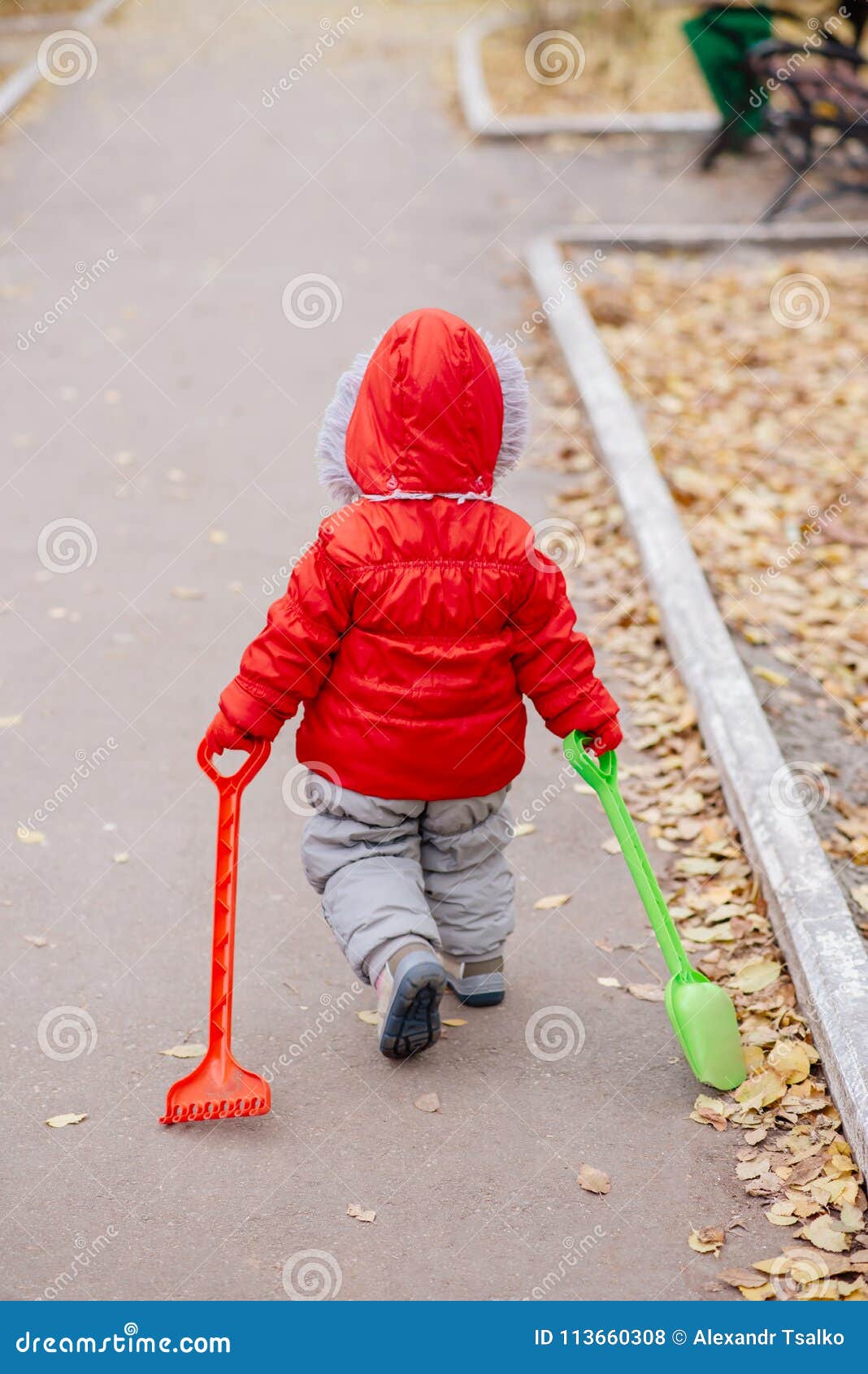 A Small Kid with a Rake and a Shovel Walks in the Park Stock Photo ...