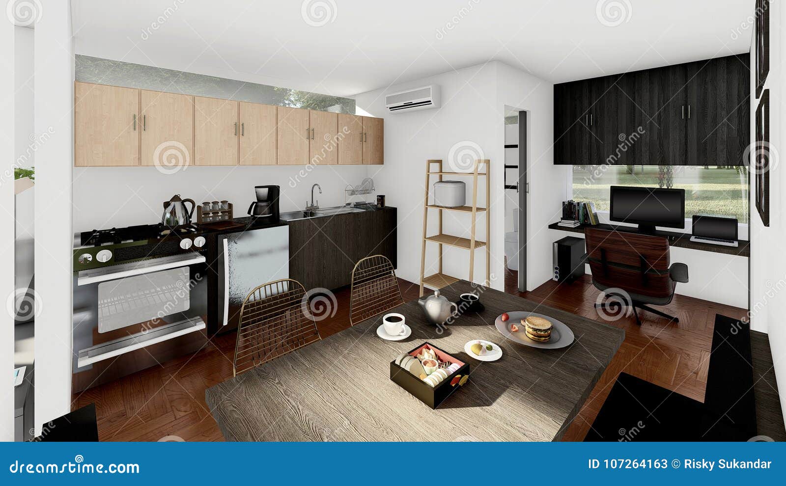 Small Kitchen with Dining and Working Area Stock Illustration ...
