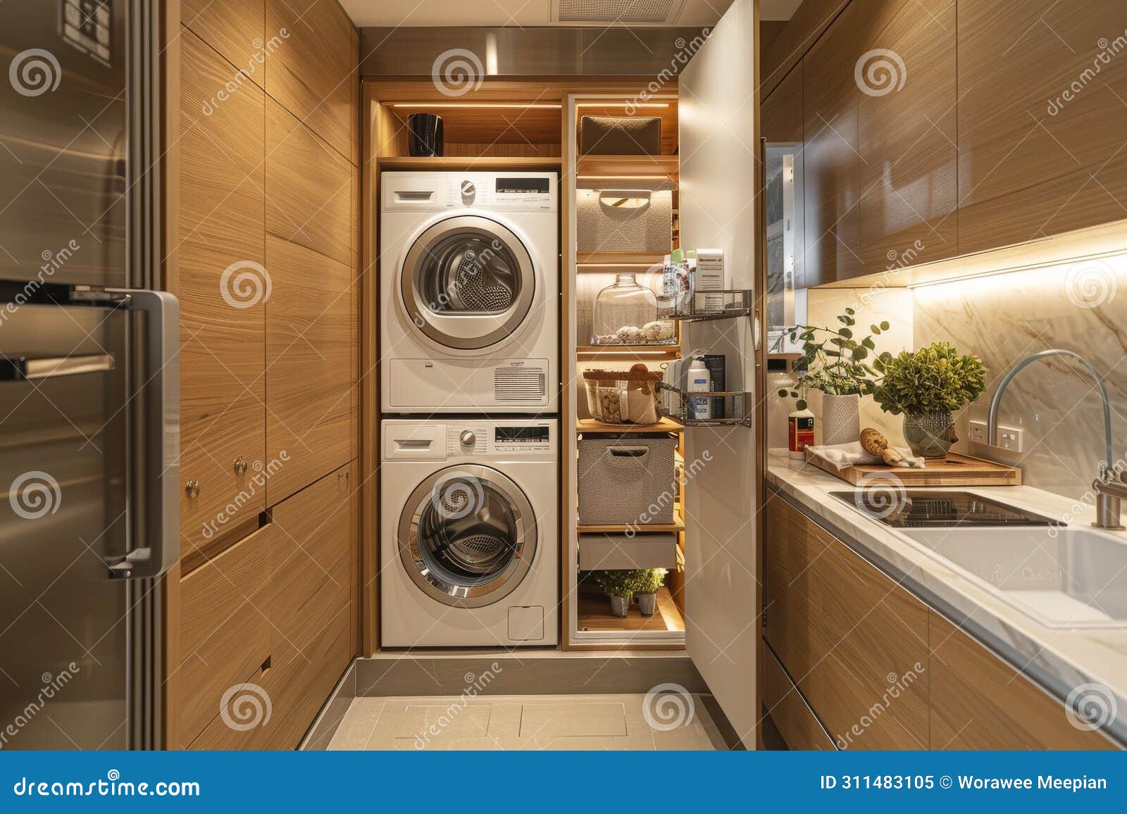 A Small Kitchen with a Washer and Dryer in the Corner Stock Image ...