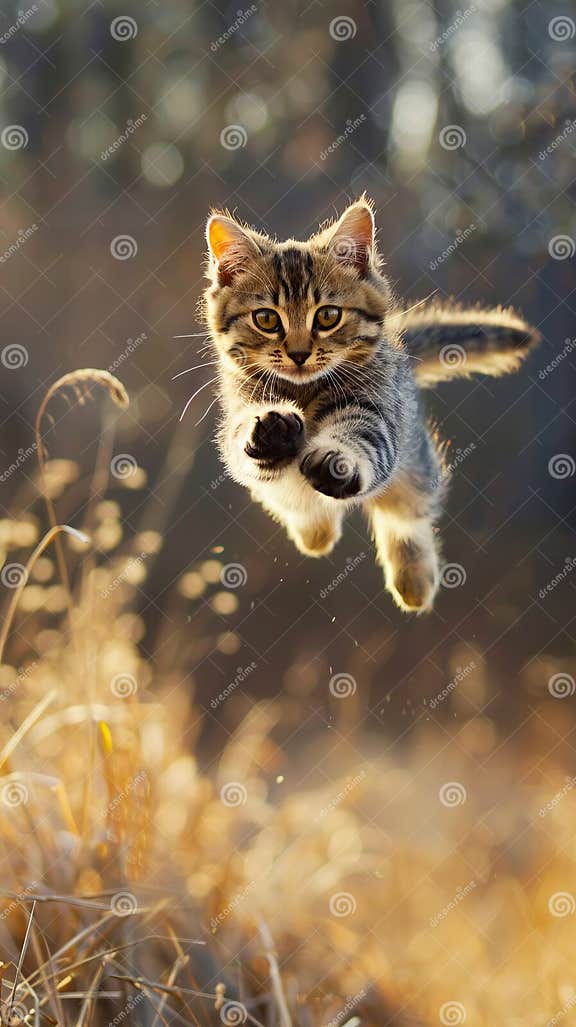 A Small Kitten is Jumping in the Air in a Field Stock Image - Image of ...