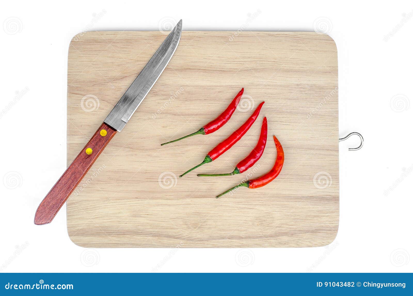 Small Knife and Red Chilli on Chopping Board Isolated on White Stock ...