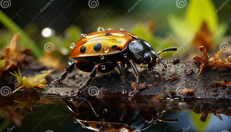 Small Ladybug Crawling on Wet Leaf in Green Forest Generated by AI ...