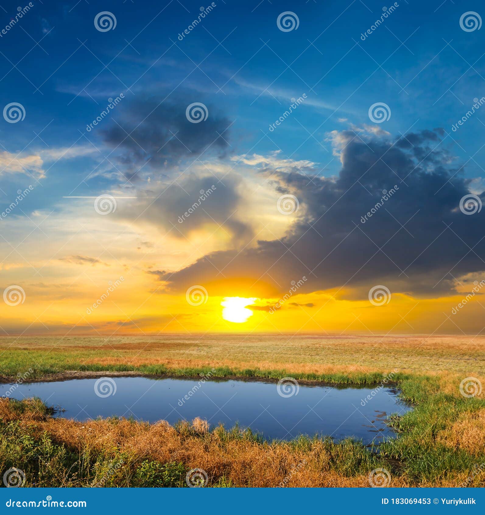 Lake among a Prairie at the Sunset Stock Image - Image of reservoir ...