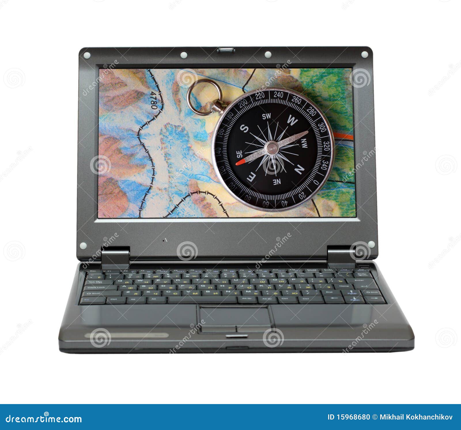 Small Laptop with Compass and Map Stock Photo - Image of white, aiming ...