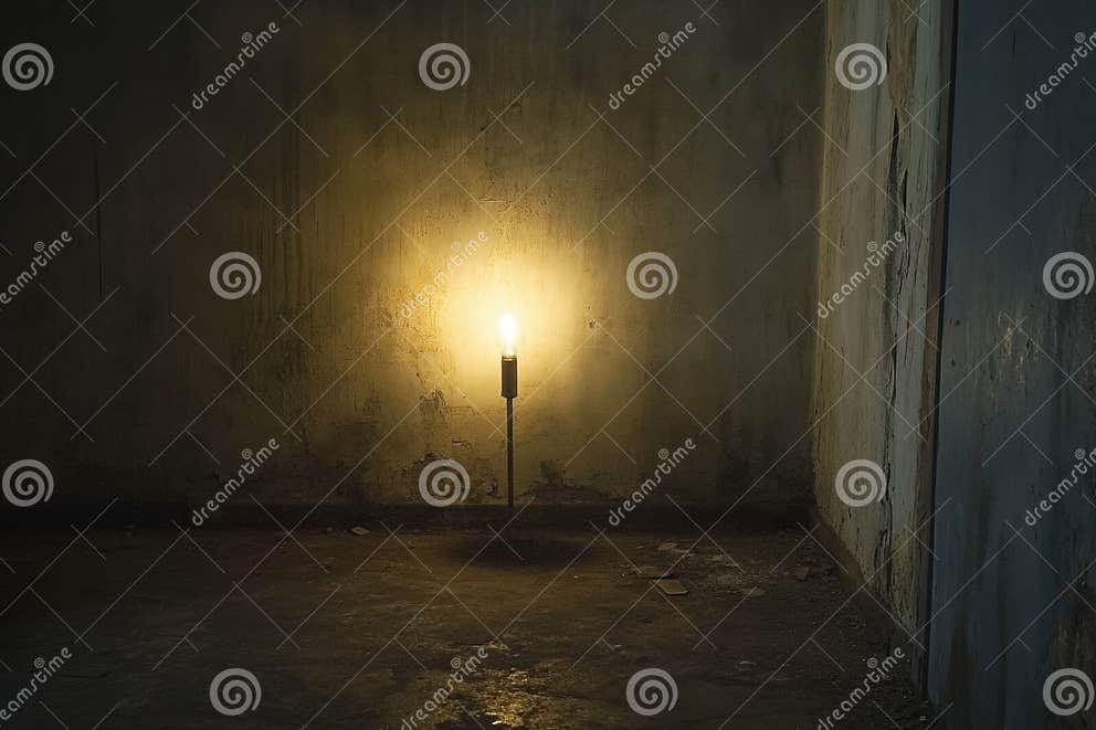 A Small Light Source Stands in a Dark, Empty Room, Casting Shadows and ...