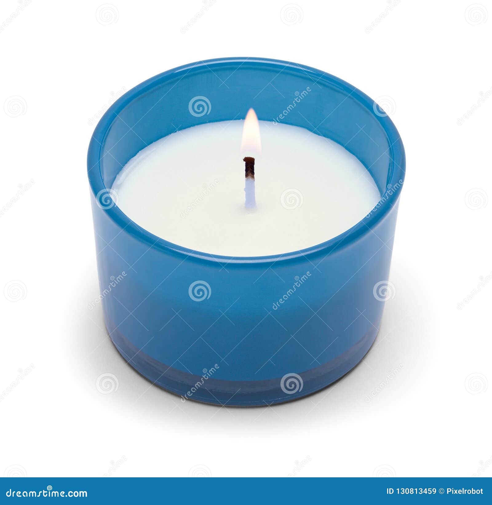 Small Lit Blue Candle stock image. Image of glass, fire - 130813459