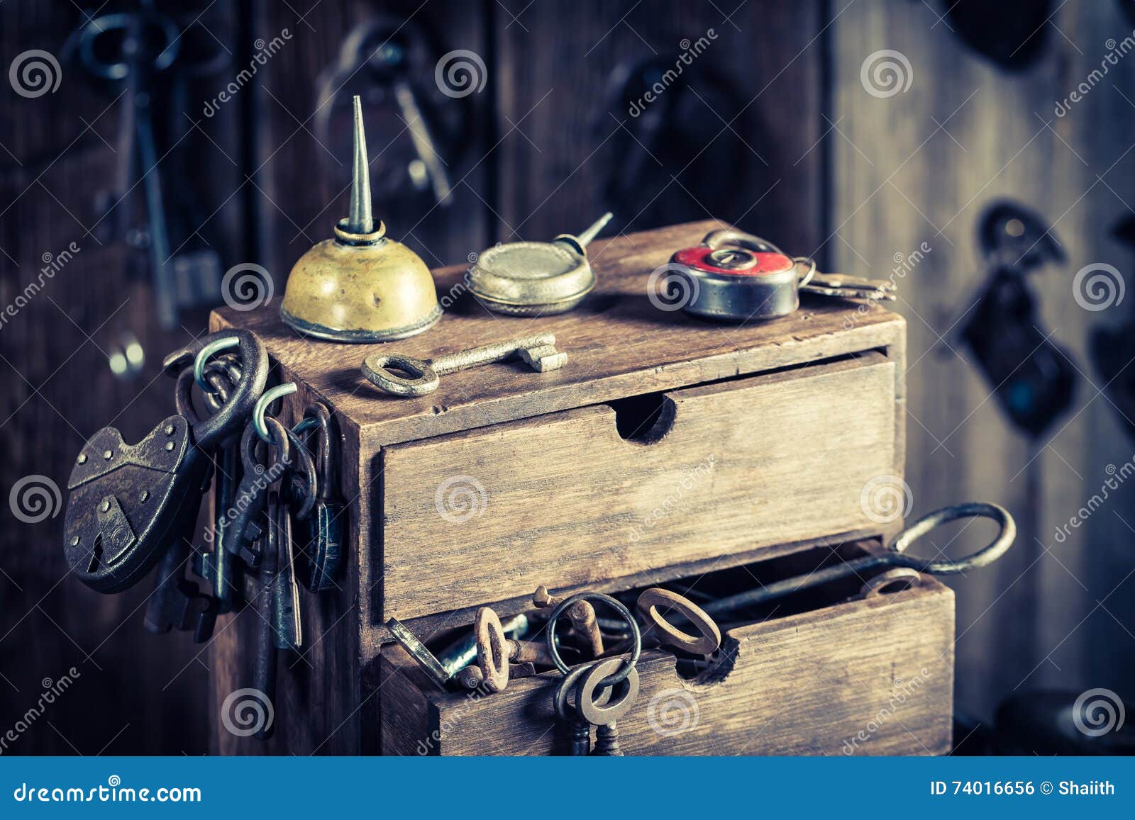 Small Locksmiths Workshop with Tools, Locks and Keys Stock Photo ...