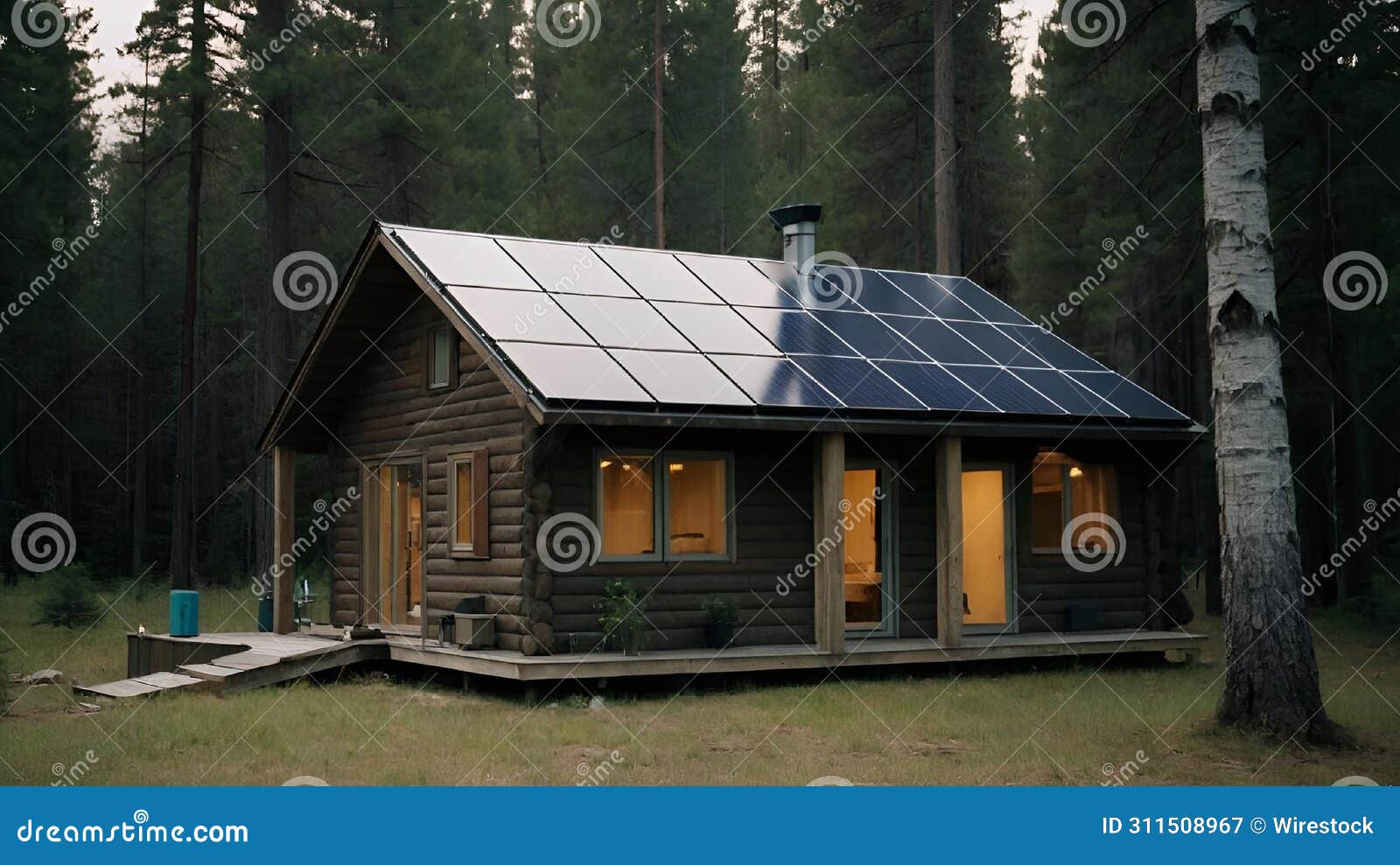 A Small Log Cabin with a Solar Array on Top of the Roof Stock ...