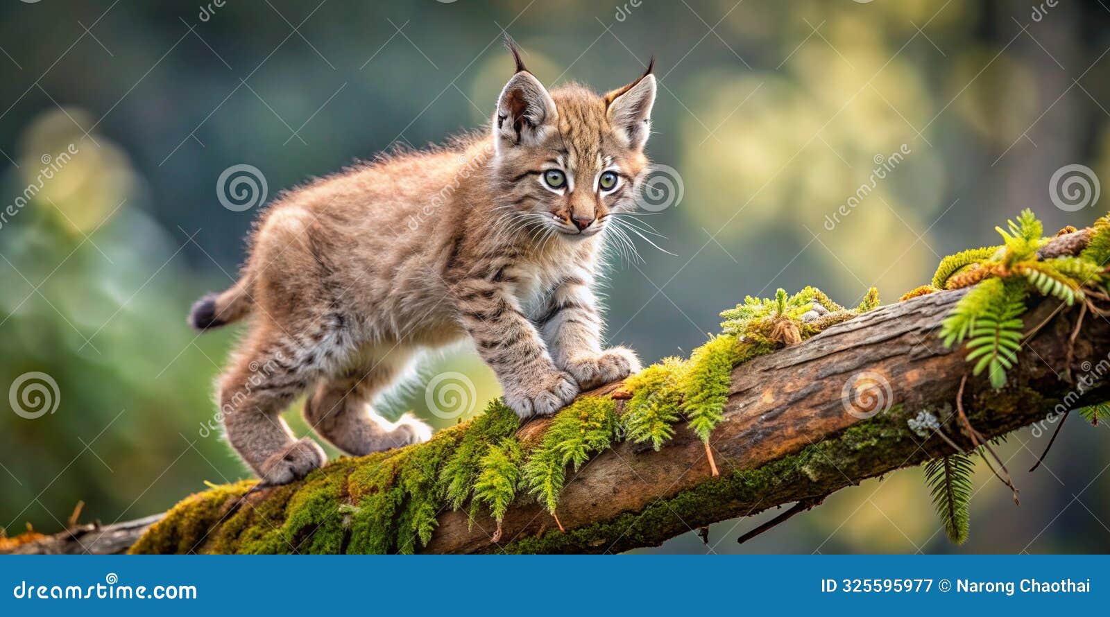 A Small Lynx Cub Crawling on the Branches of a Fallen Lichen Covered ...