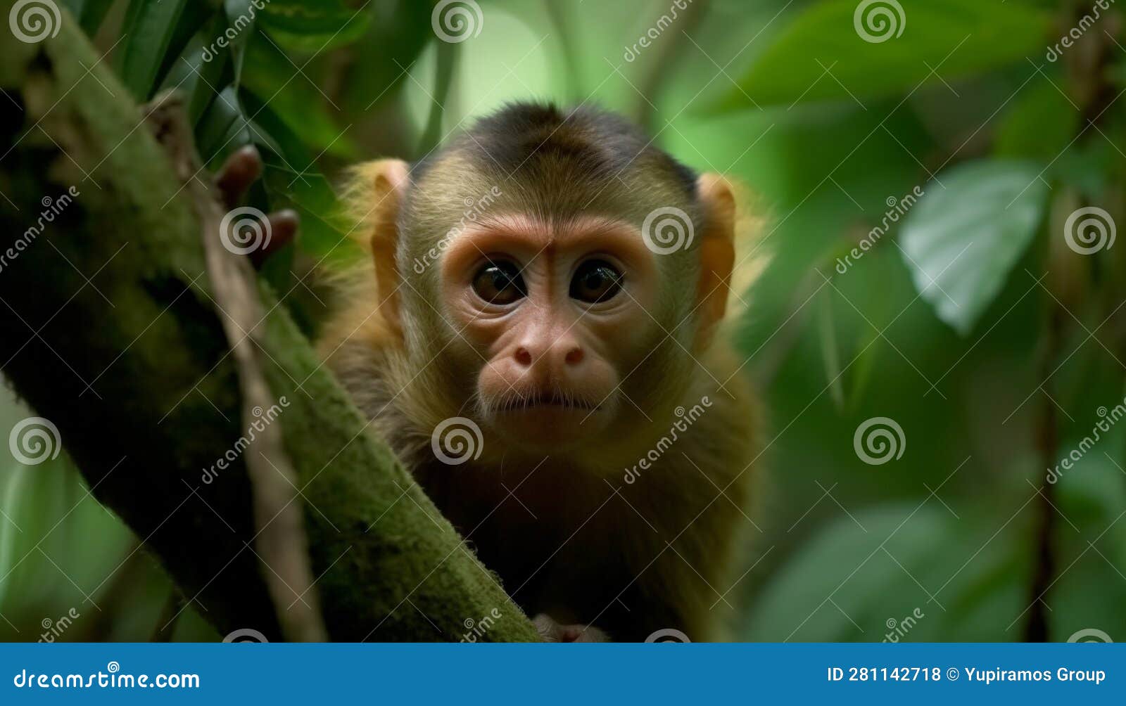 Small Macaque Sitting on Tree Branch, Looking at Camera Outdoors ...