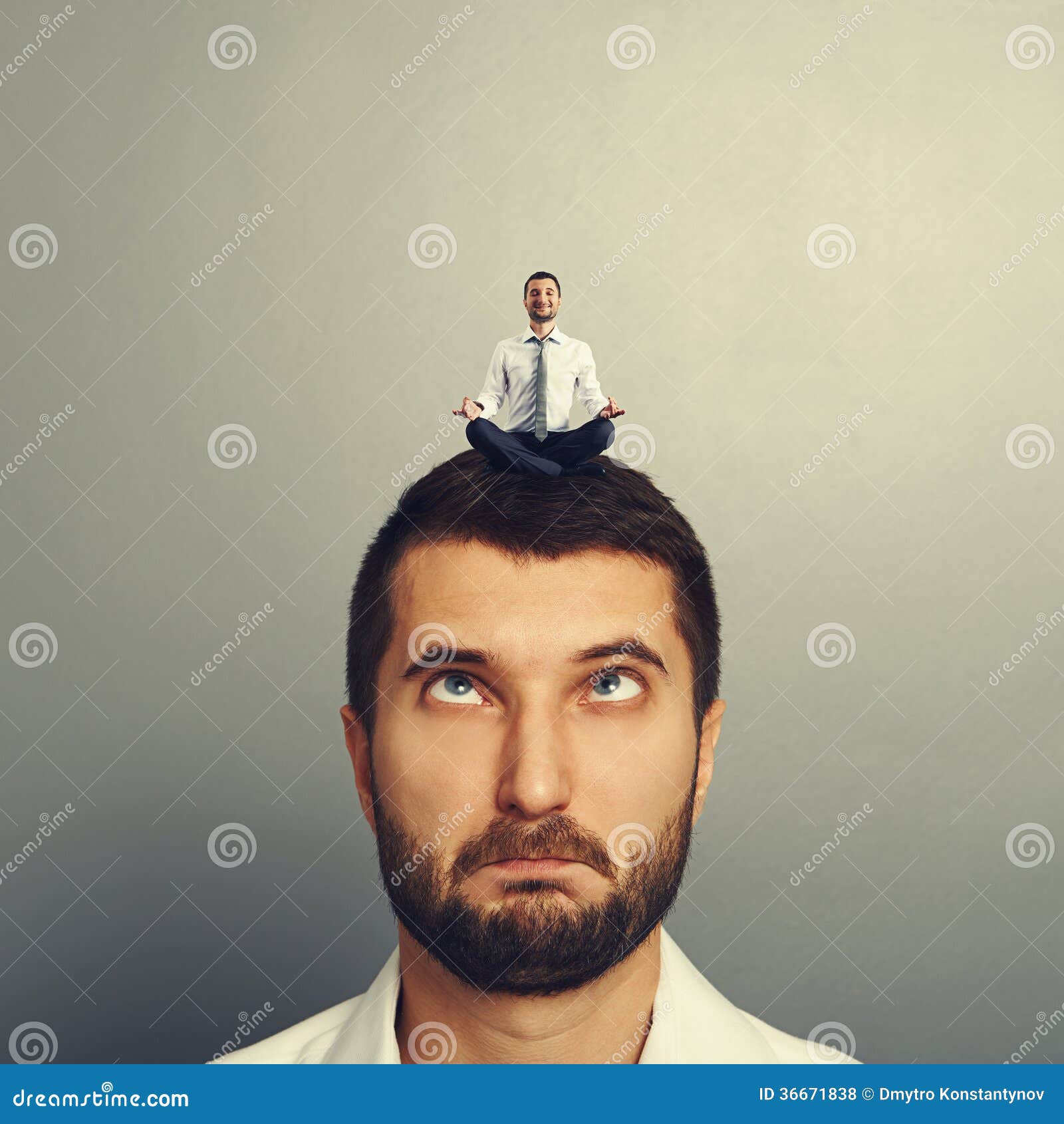 Small Man Resting on the Big Head Man Stock Photo - Image of emotional ...