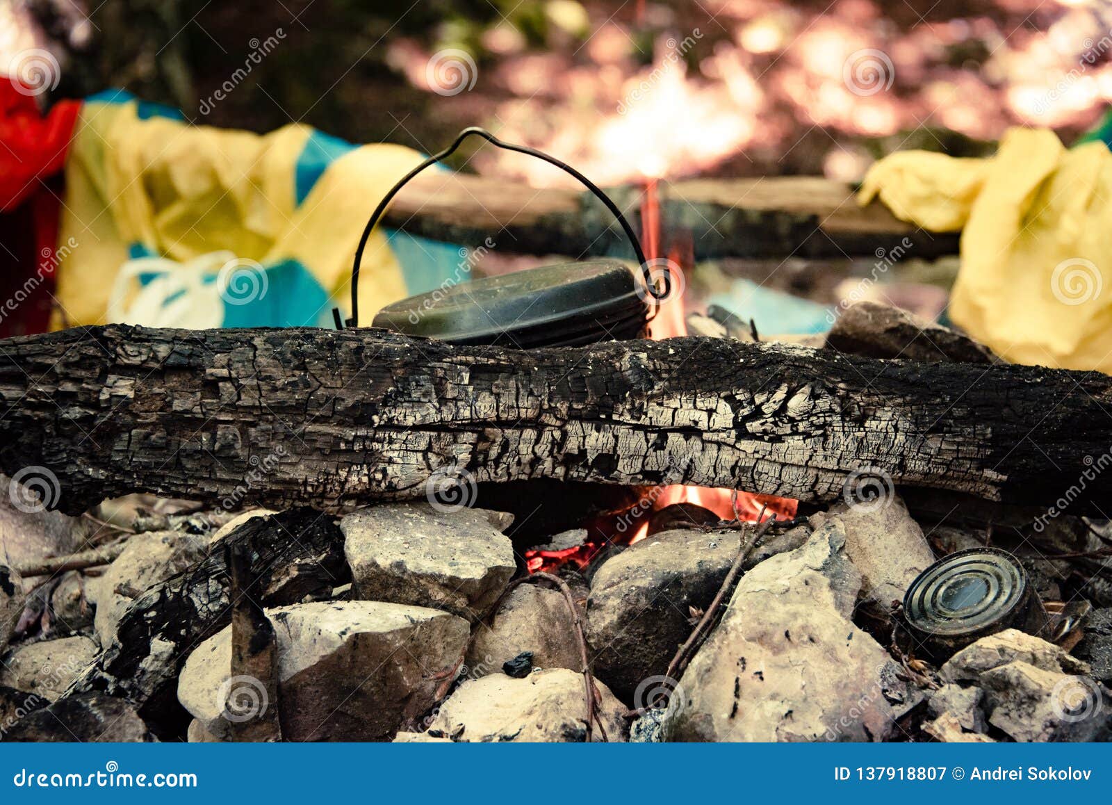 Small Pot Heating on Campfire Stock Image - Image of hiking, ground ...