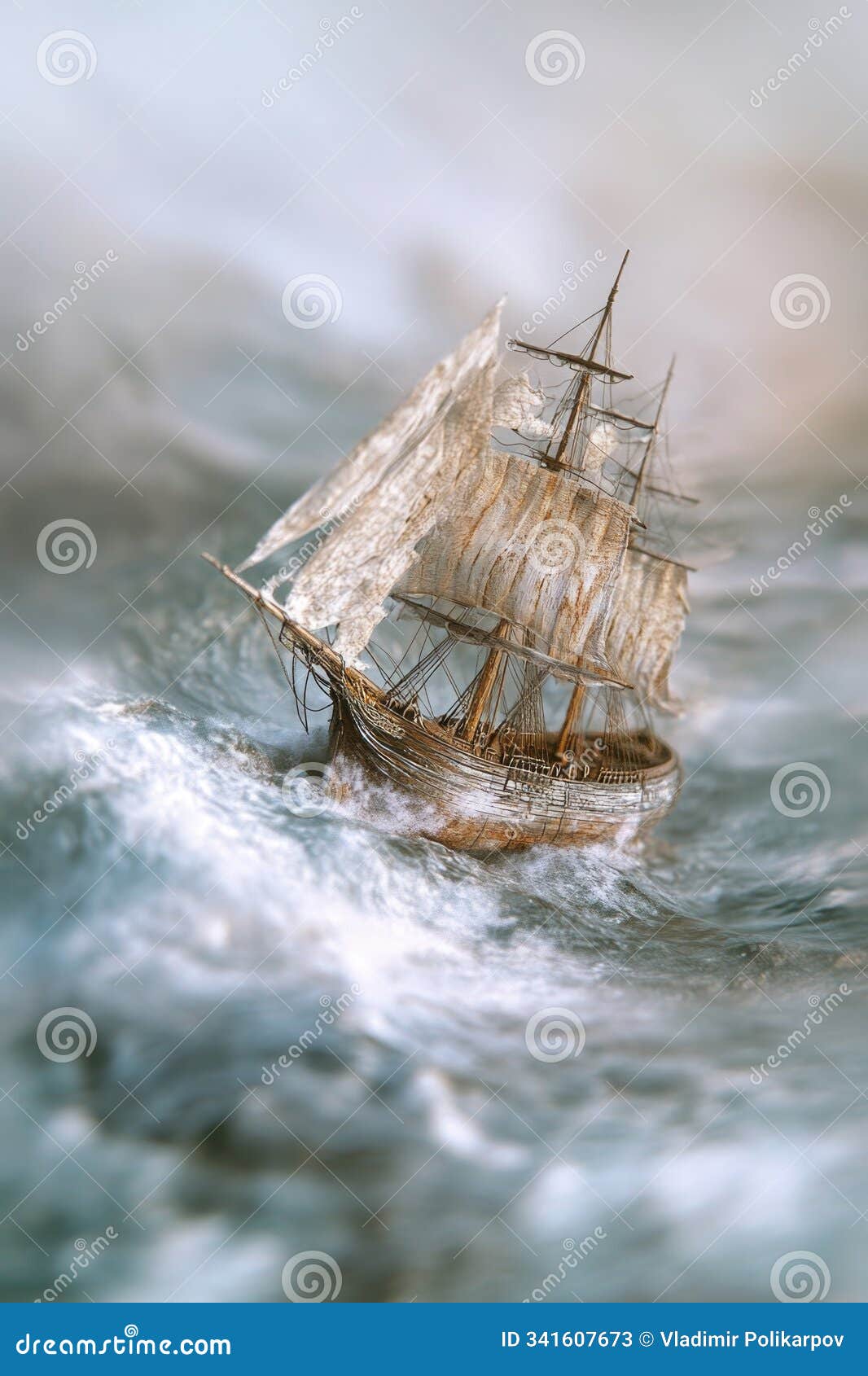 A Small Model of a Sailing Ship Struggles through Rough Water Stock ...
