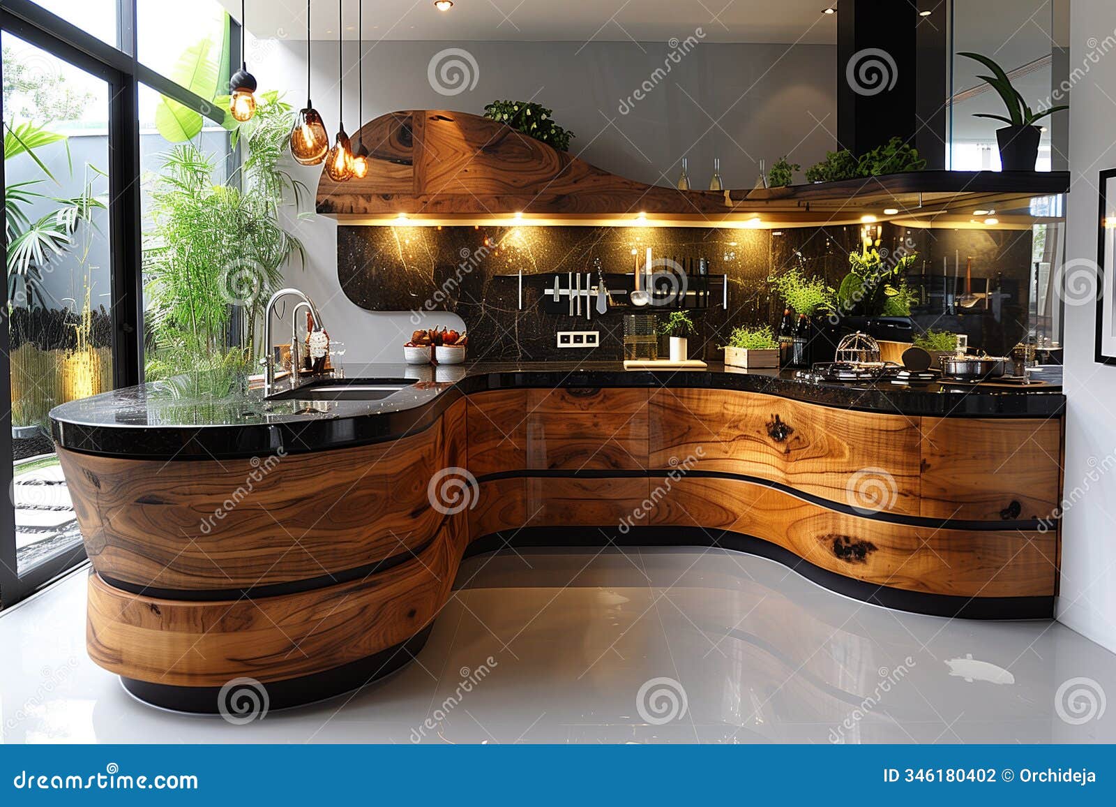 A Small Modern Kitchen Featuring a Curved Counter Top and Wooden ...