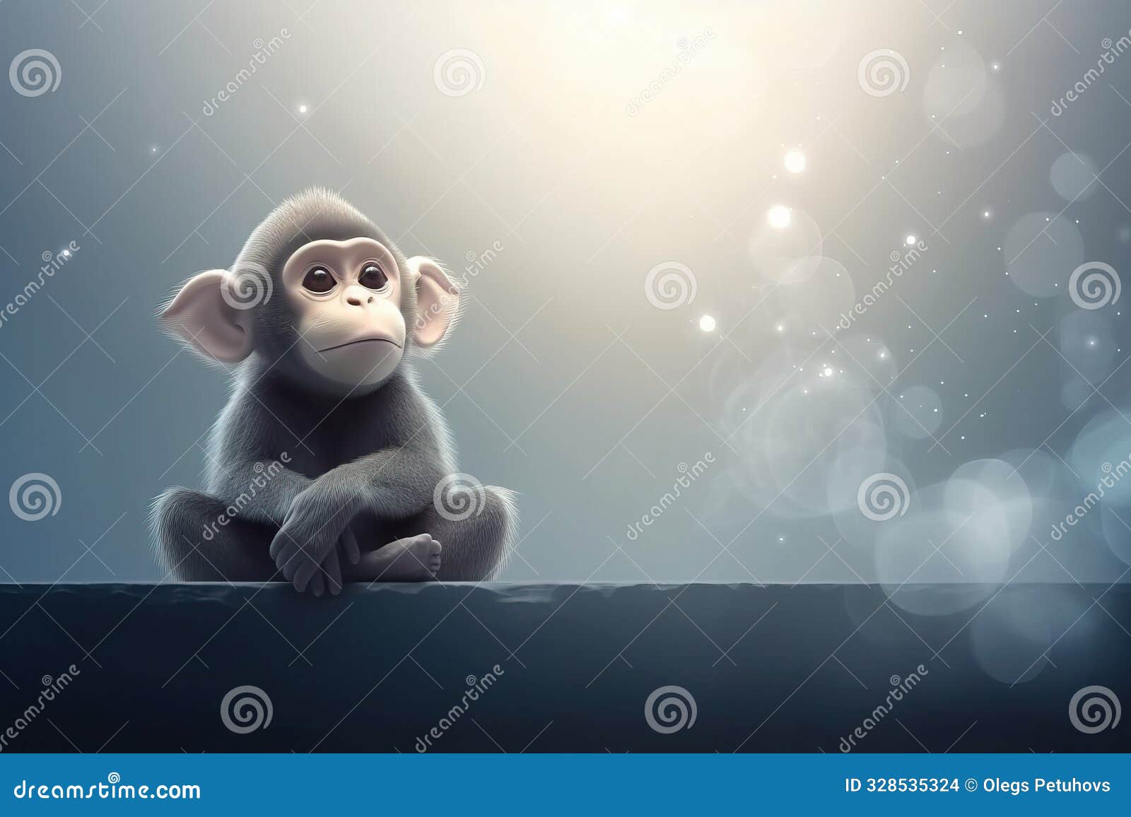 A Small Monkey Sitting on a Ledge with a Light Shining in the Distance ...