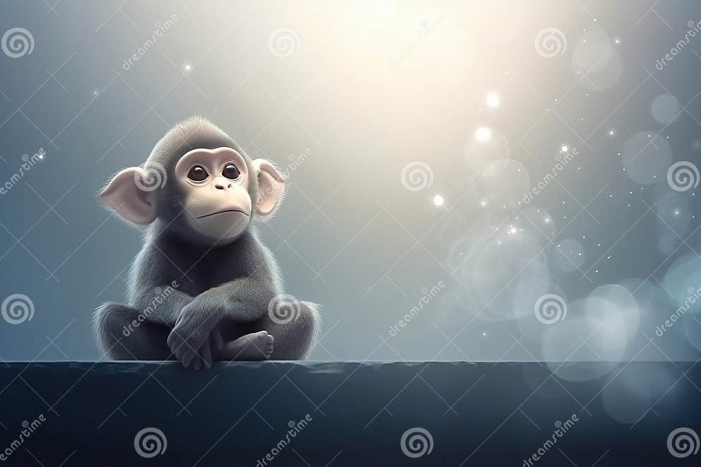 A Small Monkey Sitting on a Ledge with a Light Shining in the Distance ...
