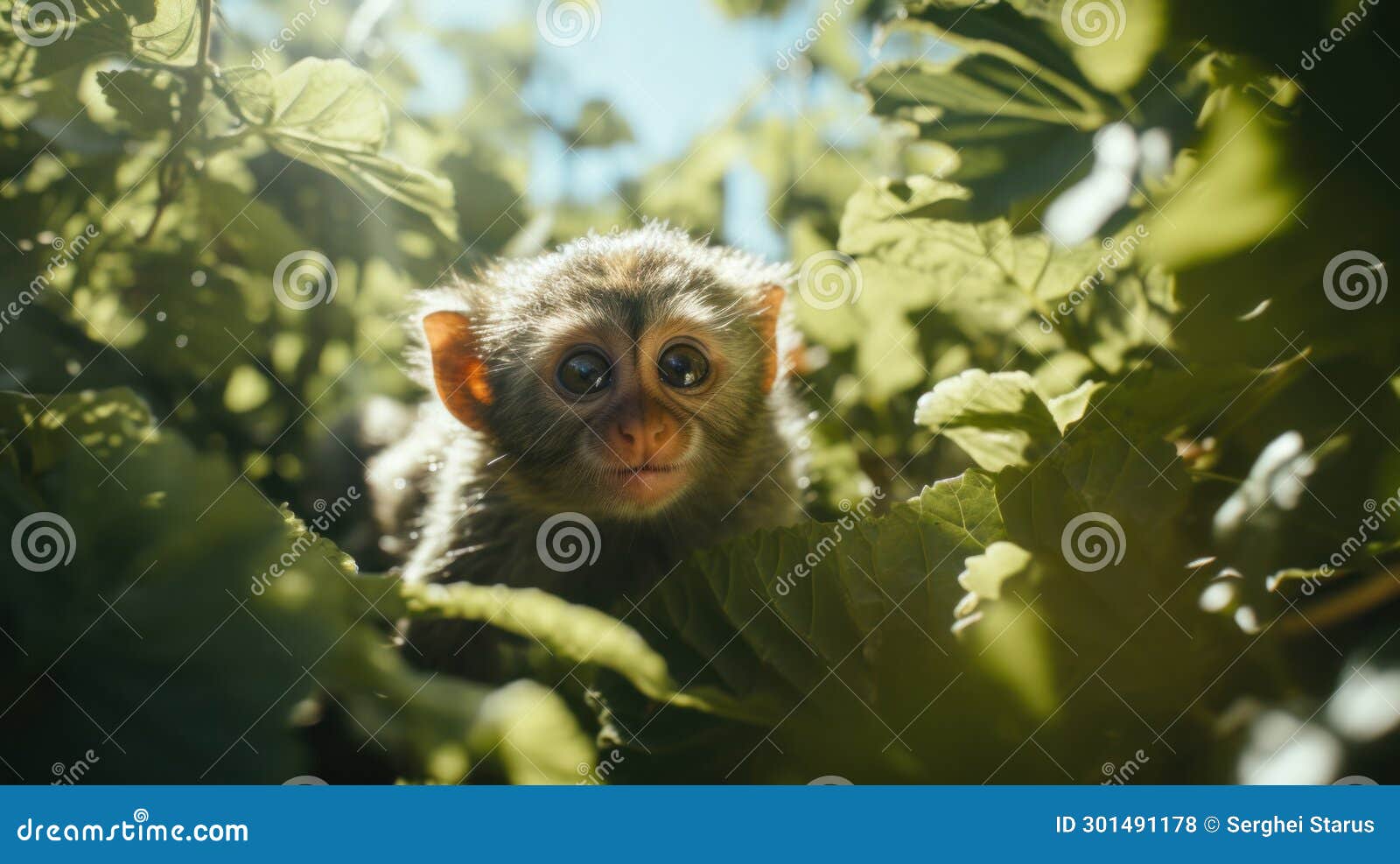 A Small Monkey Sitting in the Middle of a Bunch of Leaves, AI Stock ...