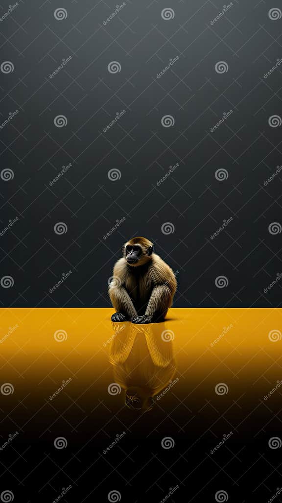A Small Monkey Sitting on Top of a Yellow and Black Surface with a ...