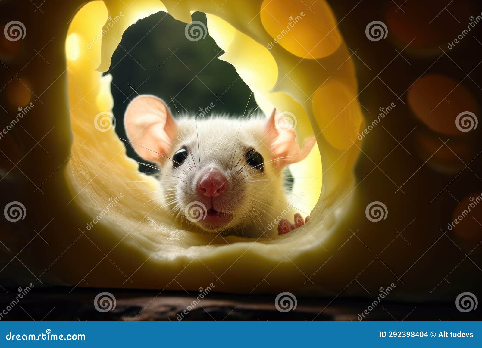 A Small Mouse Peeping Out from a Huge Slice of Swiss Cheese Stock Photo ...