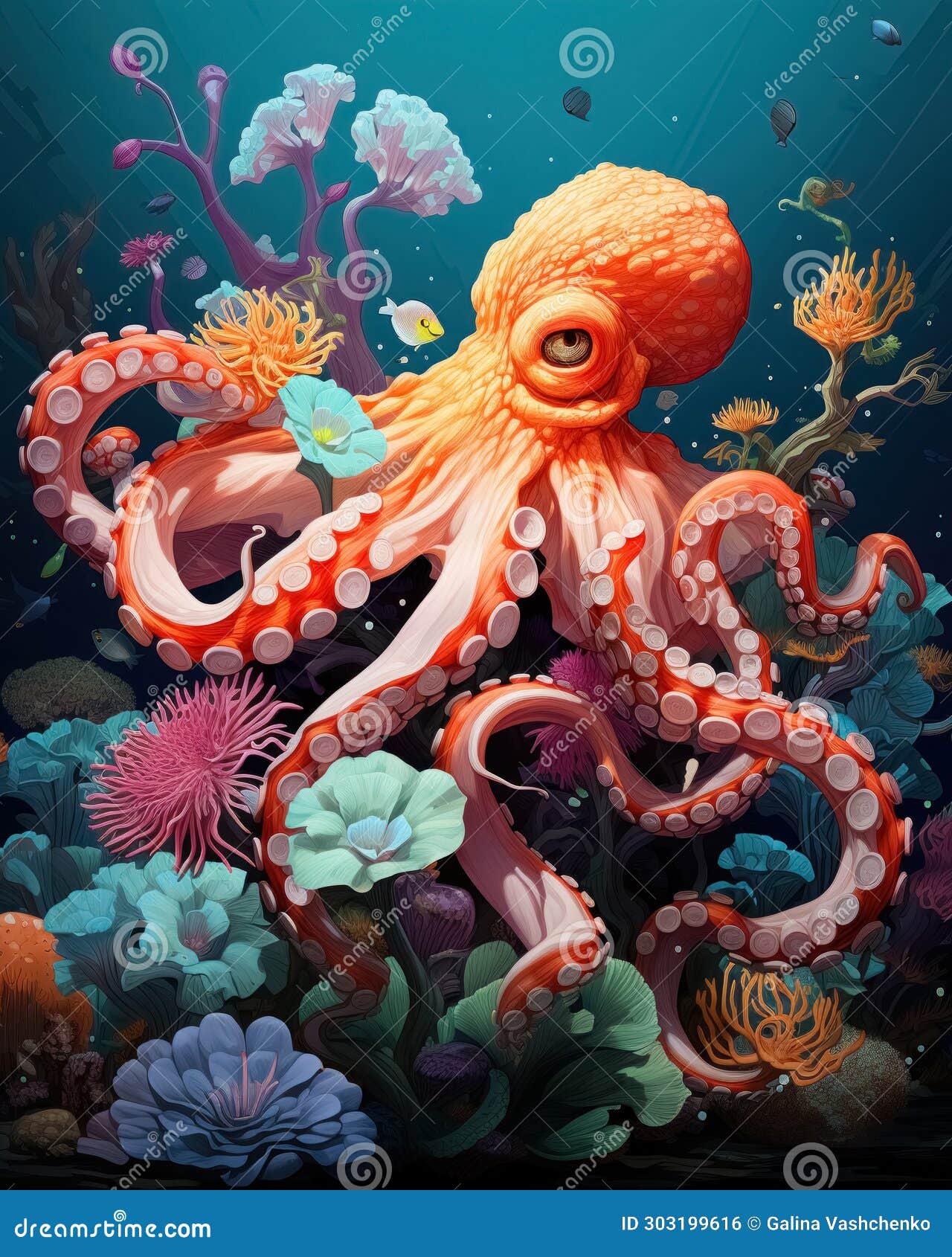 Small Octopus Surrounded by Beautiful Shells and Corals on the Seabed ...