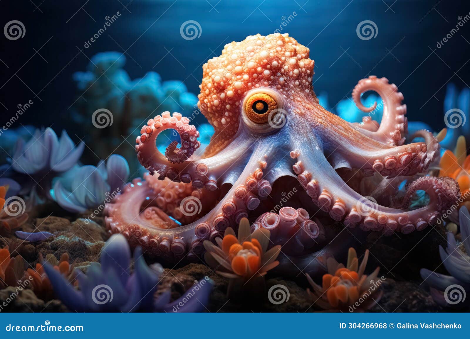 Small Octopus Surrounded by Beautiful Shells and Corals on the Seabed ...