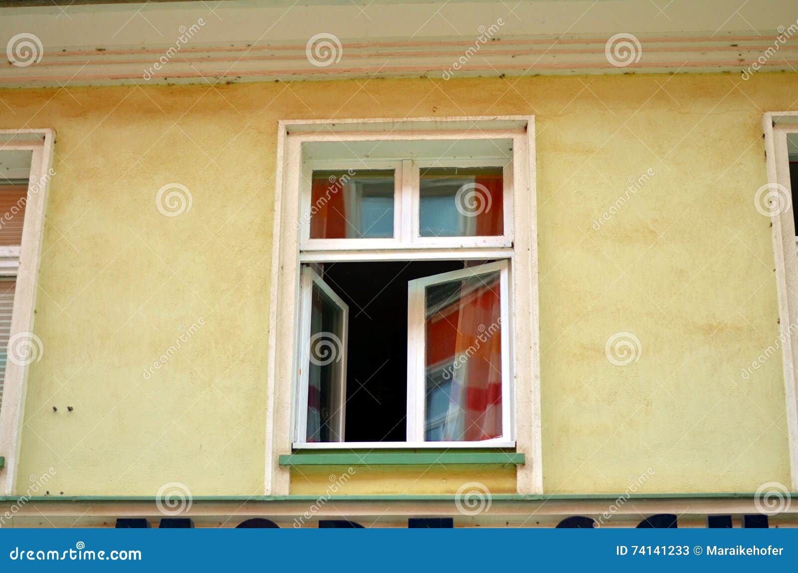 Small Open Window with Yellow Facade Stock Image - Image of ...